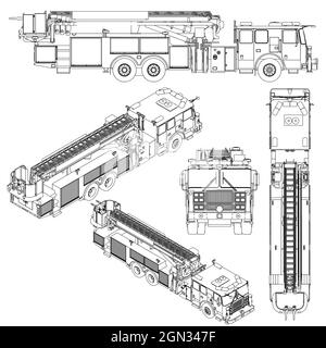 Fire truck wireframe from black lines isolated on white background ...