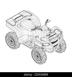 Wireframe of detailed ATV from black lines isolated on white background. Front view. 3D. Vector ...