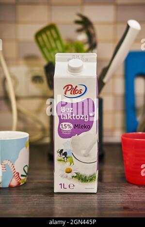 POZNA, POLAND - Nov 19, 2017: A Polish Pilos brand milk with 1,5 ...