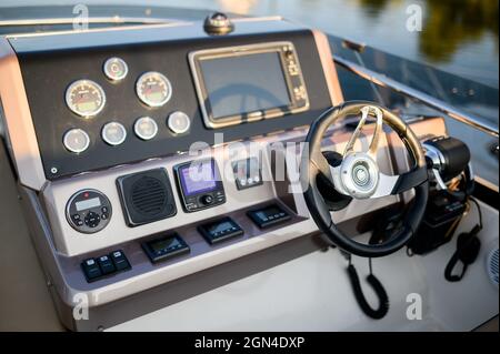 luxury yacht interior cockpit dashboard and table Stock Photo - Alamy