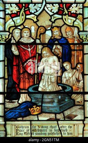 Guthrum the Viking chief, baptism, attended by King Alfred, stained ...