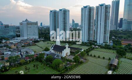 Aerial view of Dutch war graveyard with wooden crosses at Ereveld ...