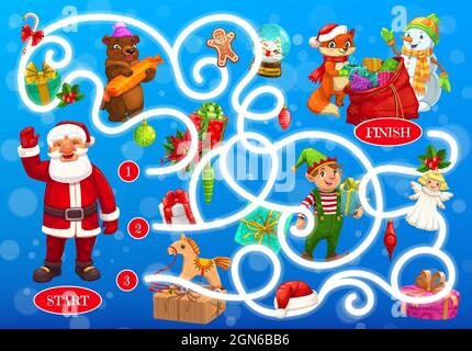 Kids labyrinth maze with Christmas fairy characters and gifts. Child ...