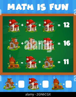 Cartoon fairytale houses, math game worksheet and vector education maze ...