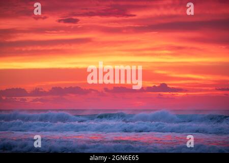 A low angle closeup shot of sunrise over a green scenery with high rise ...