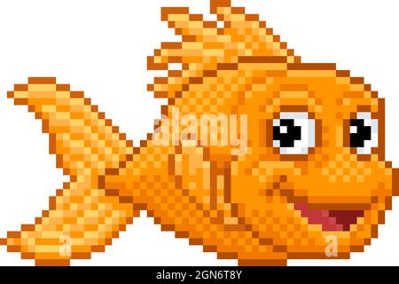 8 bit pixel golden fish. Animal for game assets and cross stitch patterns in vector ...