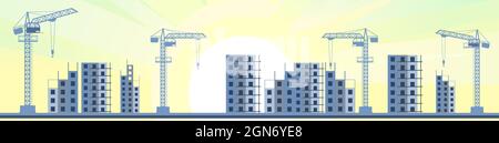 Construction of a new microdistrict of the city. Silhouette. Cranes and ...