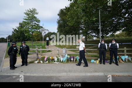 Chief Superintendent Trevor Lawry by the floral tributes at Cator Park ...