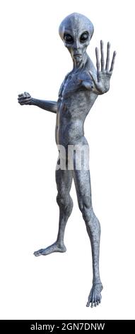 3d illustration of an alien holding up hand above its head isolated on ...