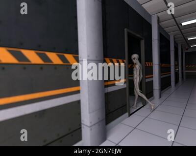 3d illustration of an alien walking through a doorway in a corridor ...