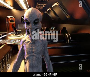 3d illustration of a deformed grey alien standing on the bridge of a ...