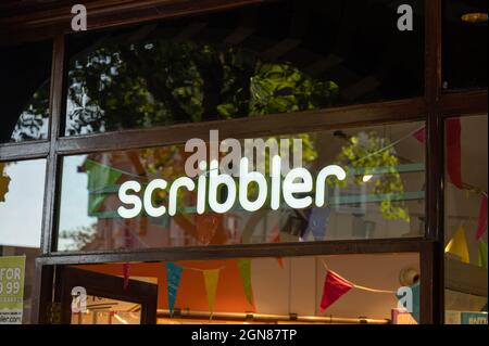 Sign and logo above the entrance of the scribbler cards and gift store ...