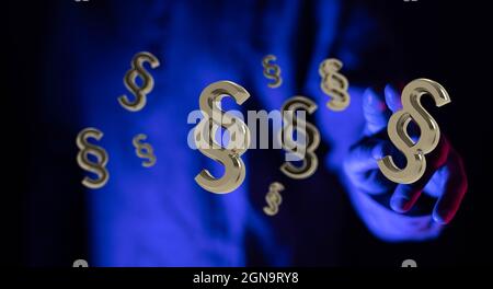 Closeup of a man clicking on 3d rendering of red paragraph symbols ...