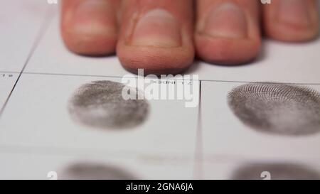 Close up macro of fingerprint registration form filling finger ink ...