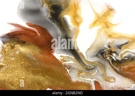 White, gold, copper and black ripple pattern. Marble abstract texture ...