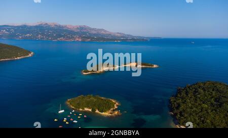 Typical Albanian landscape on the Adriatic shore with mountains. Sunny ...