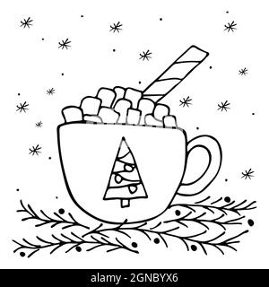 Hot winter drink cup with marshmallow. Warm winter chocolate. Hand ...