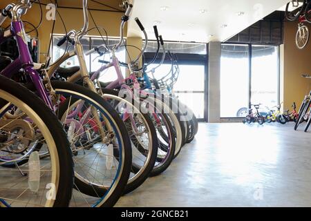 Cycle repair shop interior, rows of bicycles Stock Photo - Alamy