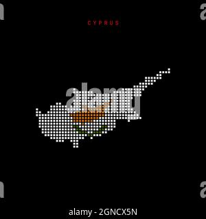 Square dots pattern map of Cyprus. Dotted pixel map with national flag colors isolated on black ...