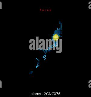 Square dots pattern map of Palau. Dotted pixel map with national flag colors isolated on black ...