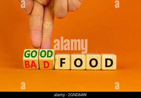 Good or bad food symbol. Doctor turns cubes and changes words 'bad food ...