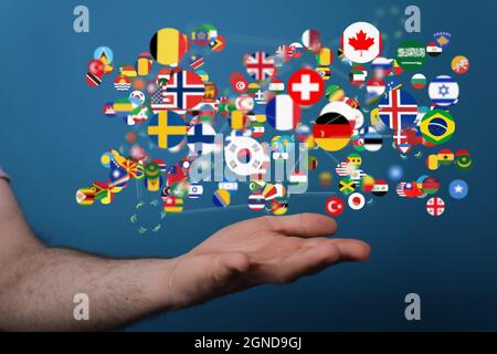 3D rendering of the world's flags and a male hand on a background Stock ...