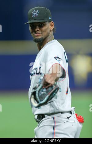Miami Marlins starting pitcher Edward Cabrera kicks at the dirt after ...