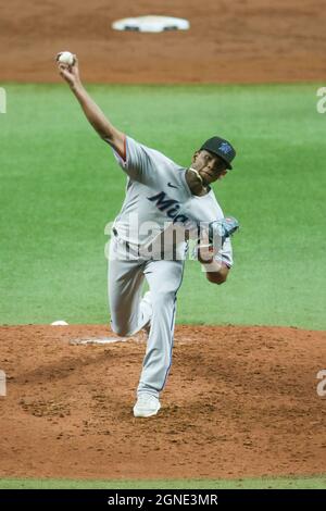 Miami Marlins starting pitcher Edward Cabrera throws during the first ...