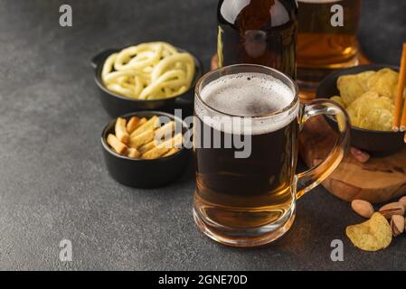 High angle beer mug snacks Stock Photo - Alamy