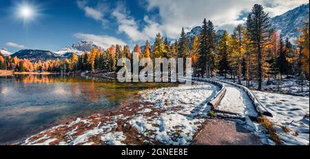 Fantastic panoramic view of Tre Cime de Lavaredo mountains with blue ...