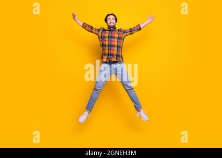 Full size photo of sweet millennial lady jump index promotion wear t ...