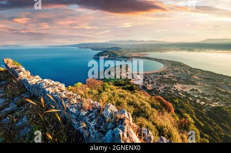 Aerial view of Pylos town and castle in the Peloponnese peninsula of ...