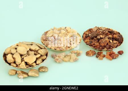 Gold frankincense and myrrh in bowls. Symbolic gifts in the Christian ...