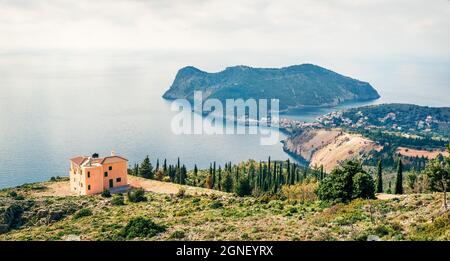 Misty spring view of Asos peninsula and town. Splendid morning seascape ...