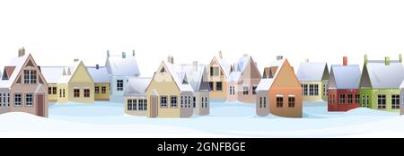 Winter street with snowdrifts. Rural houses. Quiet frosty day. Seamless ...