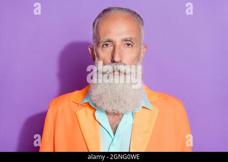 Photo of serious retired man wear trendy pastel outfit two arm ...