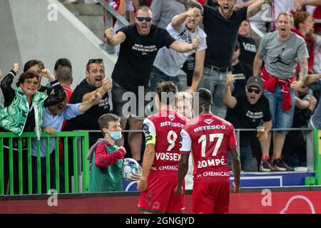 Essevee's Jelle Vossen celebrates after scoring during a soccer match ...
