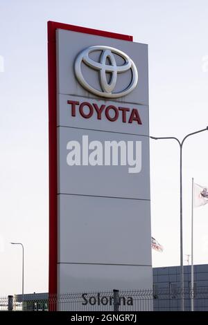 Toyota car dealers point. Big advertising board with Toyota logotype ...