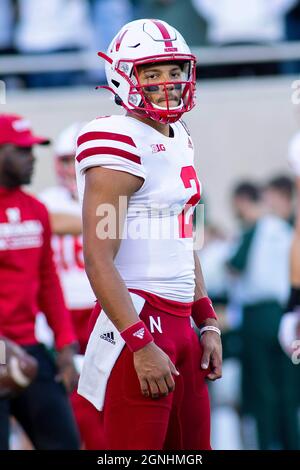 Nebraska quarterback Adrian Martinez (2) warms up before an NCAA ...