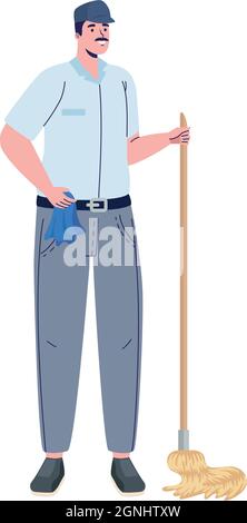 housekeeping male worker with mop avatar character vector illustration ...