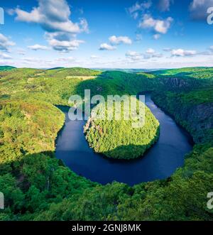Vltava river horseshoe meander Maj, vantage point with pine tree, Czech ...