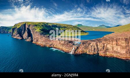 Amazing, panoramic view for Sorvagsvatn (Sørvágsvatn) lake above the ocean level and Traelanipa ...