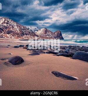 Europe,Norway,Lofoten,Unstad,the spectacular view of the bay with the ...