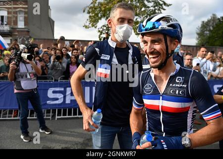 French Julian Alaphilippe celebrates after winning the elite men road ...