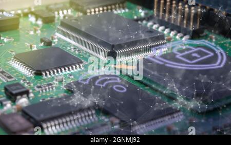 electronic circuit board with passive and active circuit components and IC close-up Stock Photo ...