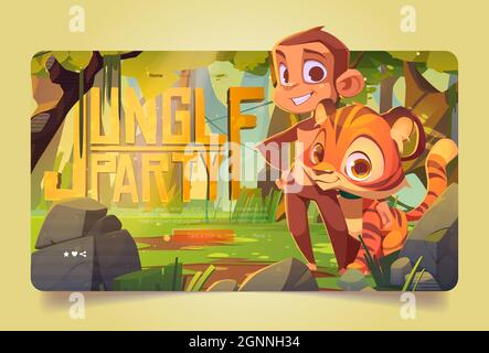 Cute monkey and tiger stand together in jungle. Vector cartoon ...