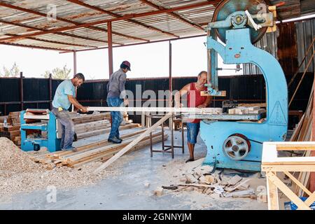 July, 2021 - Urla, Izmir, Turkey: Carpenter woodworker holds a timber ...