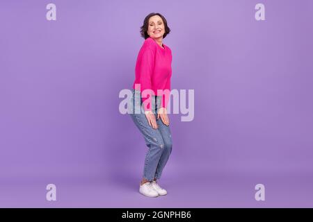 Full length photo of brunette bob haired woman jump up hold phone take ...