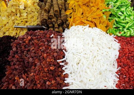 Arabian nuts,seeds and dried fruit on display in a shop in the spice ...