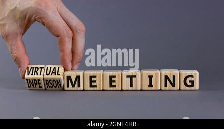 Virtual or inperson meeting symbol. Businessman turns cubes, changes ...